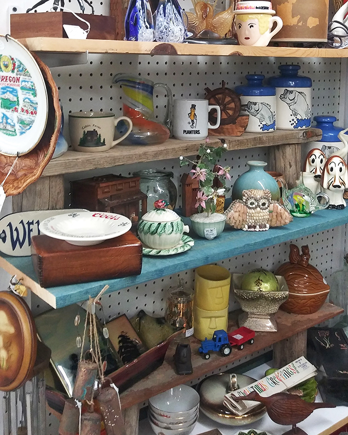 Mugs that remember morning coffees from decades past share shelf space with owl figurines and nautical nostalgia.