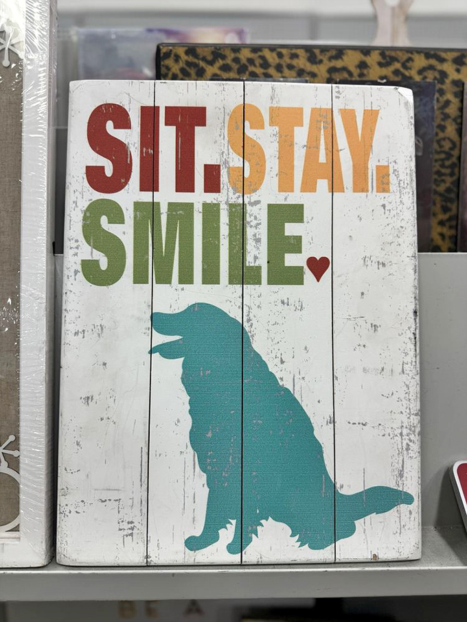 "Sit. Stay. Smile." Even the wall art has personality here&mdash;offering life advice that works equally well for dogs and humans.