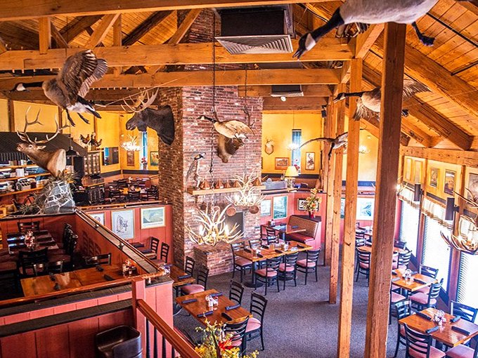 Exposed beams and brick creating the kind of rustic charm that chain restaurants desperately try to fake.