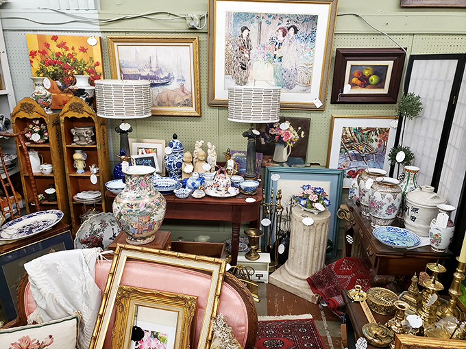 This booth looks like what would happen if your most elegant aunt and packrat uncle decided to redecorate together.