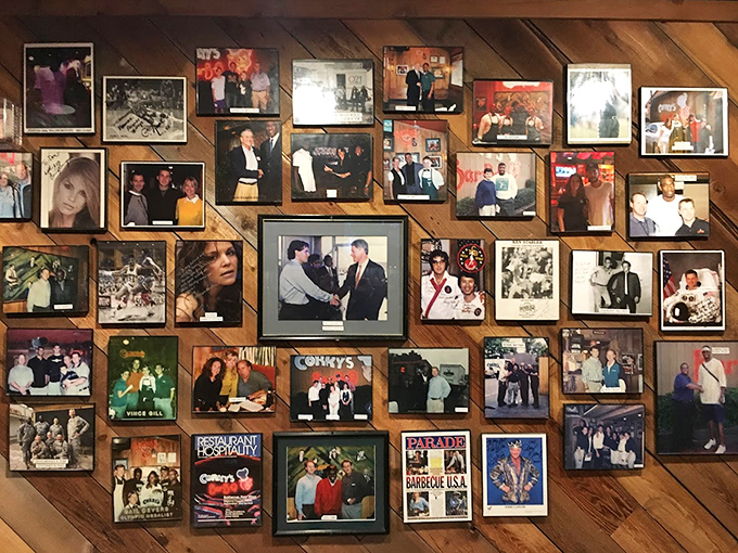 The wall of fame tells stories of satisfied customers, celebrity visits, and decades of Memphis barbecue history one photo at a time.