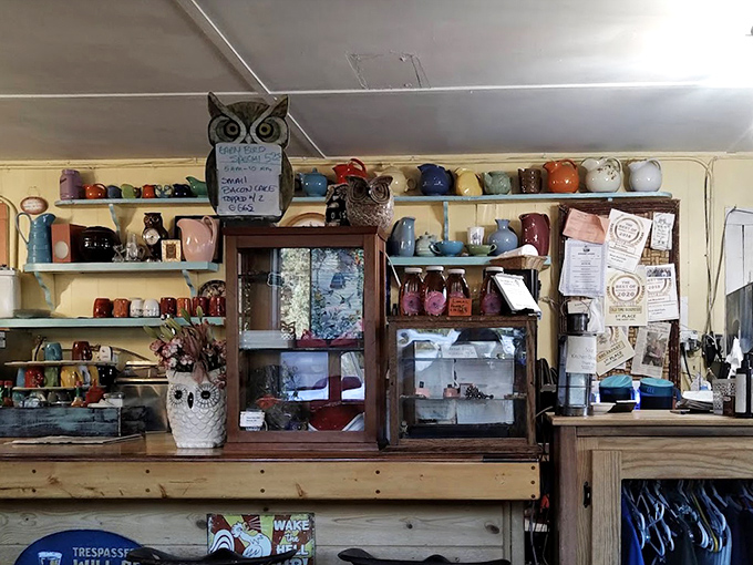 A collection of owl memorabilia watches over diners—silent guardians of this breakfast sanctuary in North Idaho.