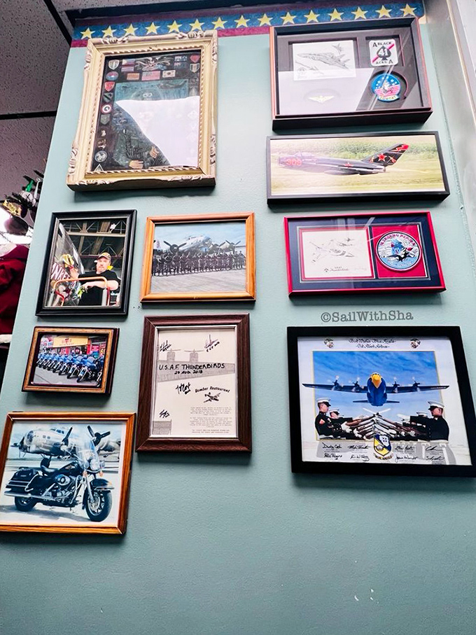 Wall decorations that tell stories of flight while you tackle your stack of pancakes below.