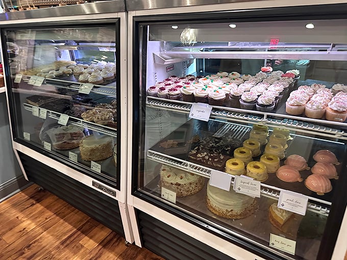 Dessert display case that's basically a glass-enclosed temptation chamber. Diet resolutions come here to die, and nobody's sorry about it.