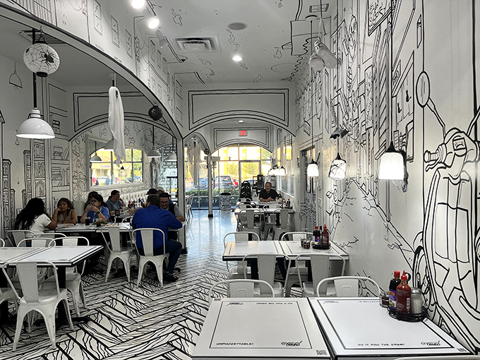 Diners enjoying the surreal experience of eating in what feels like a hand-drawn world. Reality is overrated anyway!