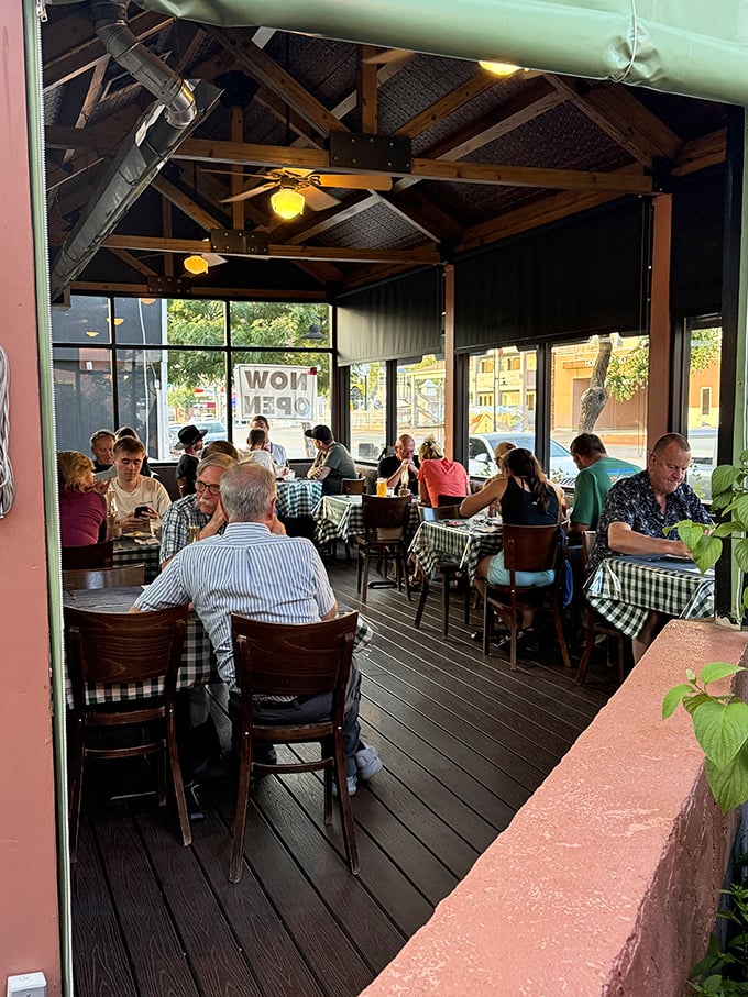 The covered patio offers al fresco dining where the only thing better than the food is watching other diners' faces light up when their orders arrive.