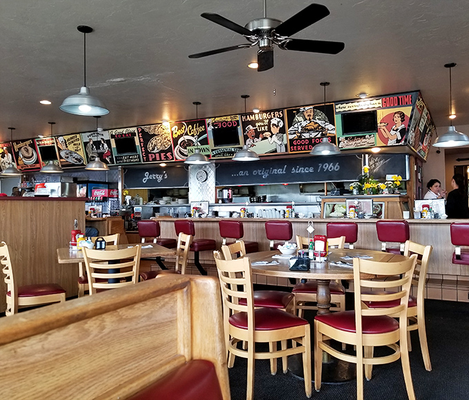 Retro diner vibes with those vintage signs overhead &ndash; Jerry's dining area feels like a time machine that happens to serve exceptional breakfast.