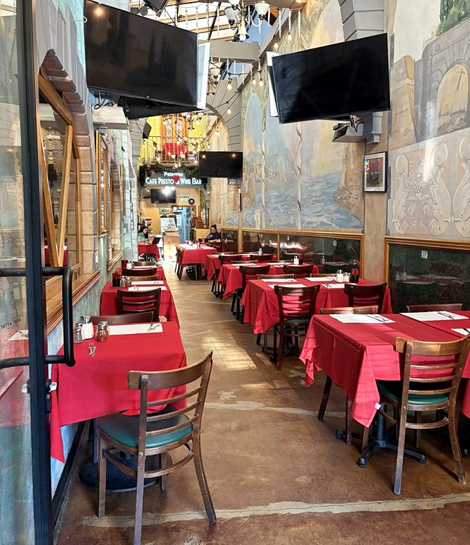 The dining hallway feels like walking through an Italian village street, minus the Vespas but with all the charm and twice the portion sizes.