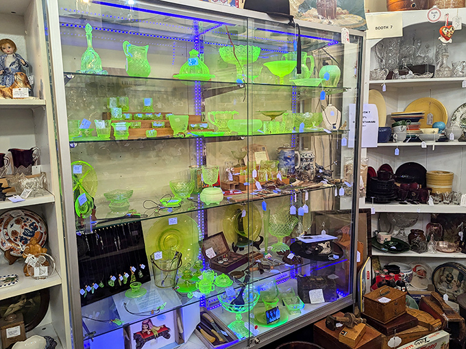 Uranium glass glows with otherworldly charm under special lighting. The Victorians loved radioactive tableware&mdash;different times, different concerns.