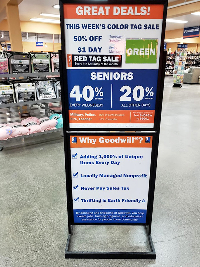 This sign doesn't just list discounts—it's a treasure map for the savvy shopper who knows Wednesday means senior gold rush.