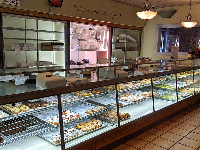 "Life's uncertain...eat dessert first" proclaims the sign above a display case that makes a compelling argument for following that advice.