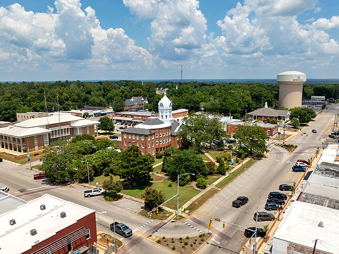 An aerial view reveals Monroeville's perfect small-town layout&mdash;courthouse at center, surrounded by a community where everyone knows your name.