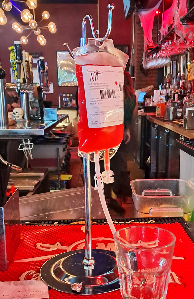 Not your average cocktail service&mdash;this IV bag of crimson liquid brings medical horror to happy hour in the most delightful way.