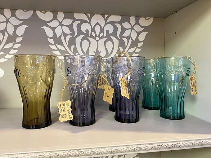Coca-Cola glasses in sunset hues&mdash;the perfect vessels for sweet tea or something stronger after a long day of antiquing.