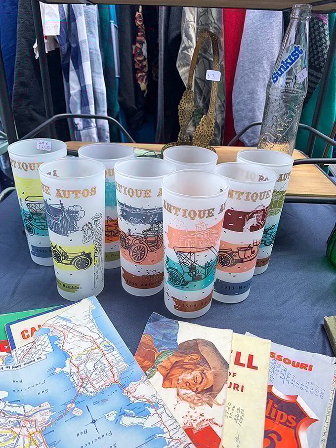 Vintage drinking glasses featuring classic cars tell stories of road trips and drive-ins, perfect for serving up nostalgia with your lemonade.