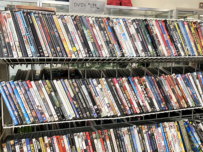 Movie night made affordable! Rows of DVDs offer entertainment options spanning decades of cinematic history for less than a streaming subscription.