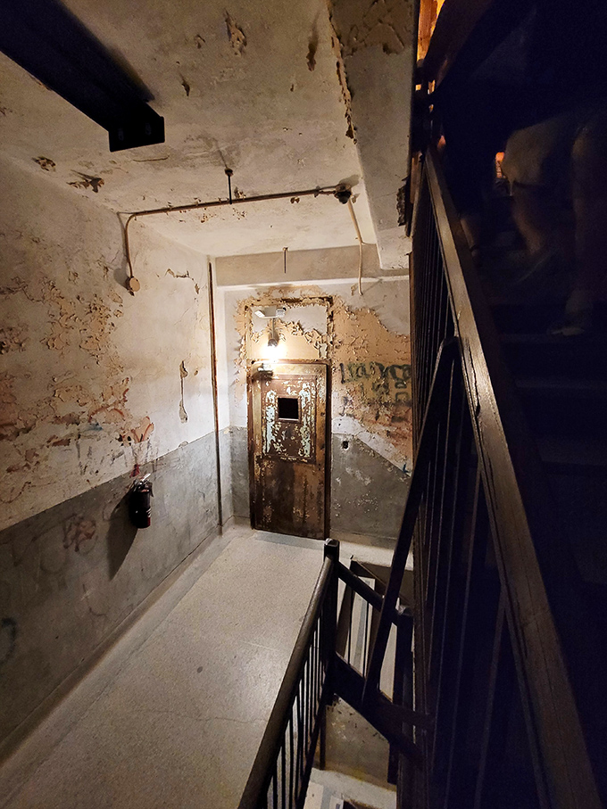 Descent into darkness. This dimly lit stairwell has witnessed countless journeys between floors&mdash;both by the living and, some say, the departed.
