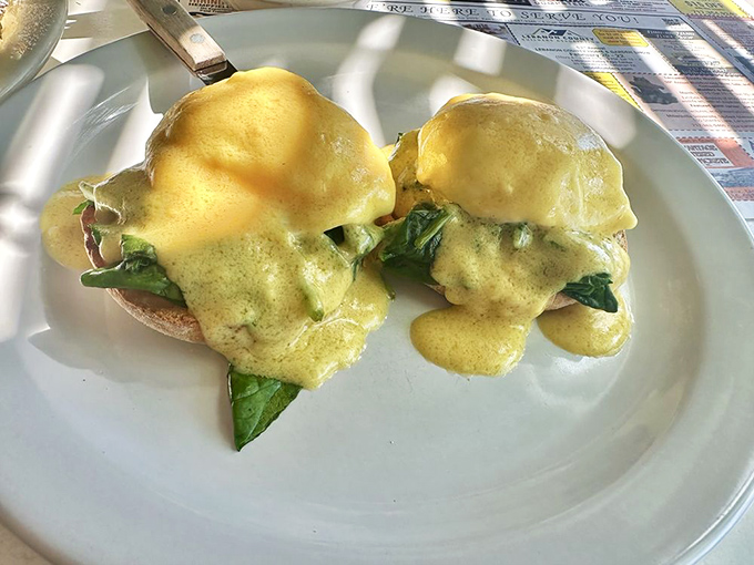 Eggs Benedict that would make a brunch enthusiast weep with joy. Hollandaise cascades over English muffins like a golden waterfall.