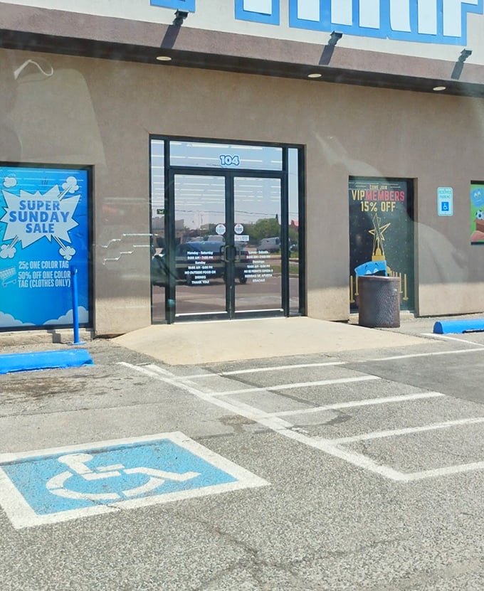 The entrance to bargain paradise, complete with Super Sunday Sale signage &ndash; like the pearly gates, but for thrift enthusiasts.