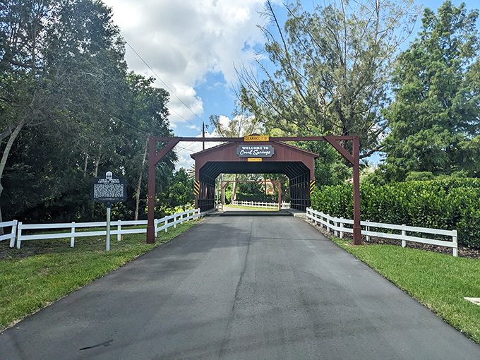Welcome to Coral Springs indeed! The entrance view invites you into this wooden time capsule with a friendly nod to simpler times.