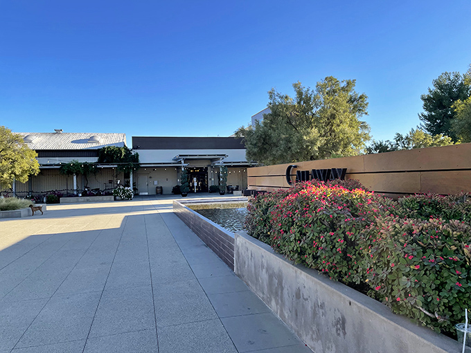 The winery entrance welcomes visitors with a reflecting pool&mdash;a moment of Zen before the sensory adventure begins.