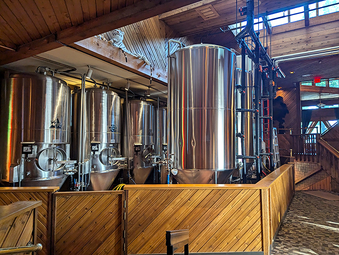Brewing equipment as industrial art. These stainless steel tanks aren't just functional&mdash;they're a visual reminder that your beer traveled mere feet to reach your glass.