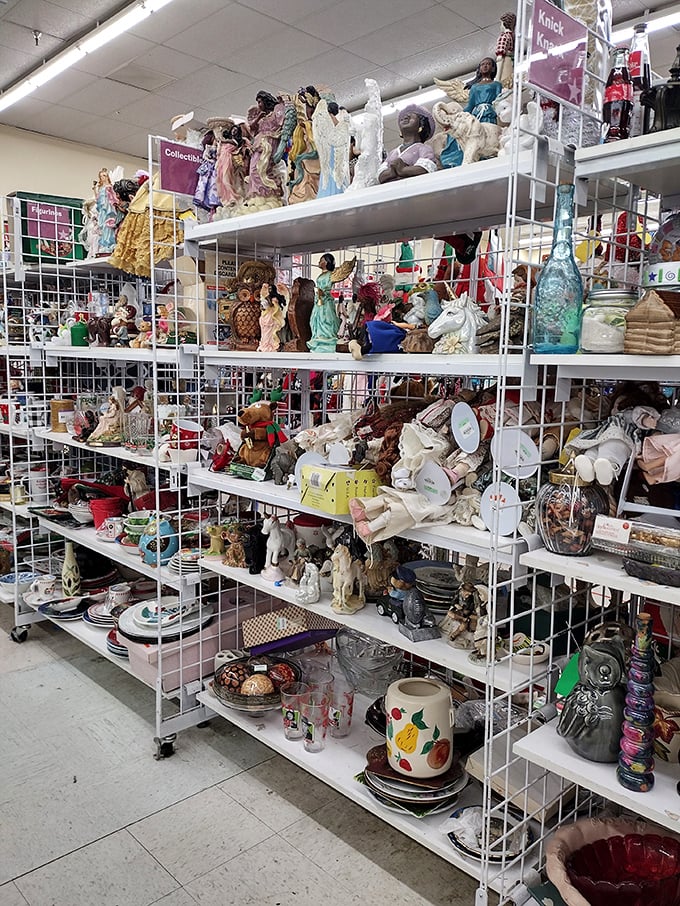 Figurines, collectibles, and decorative pieces create a museum of Americana. Each shelf tells stories of changing tastes and cherished mementos.