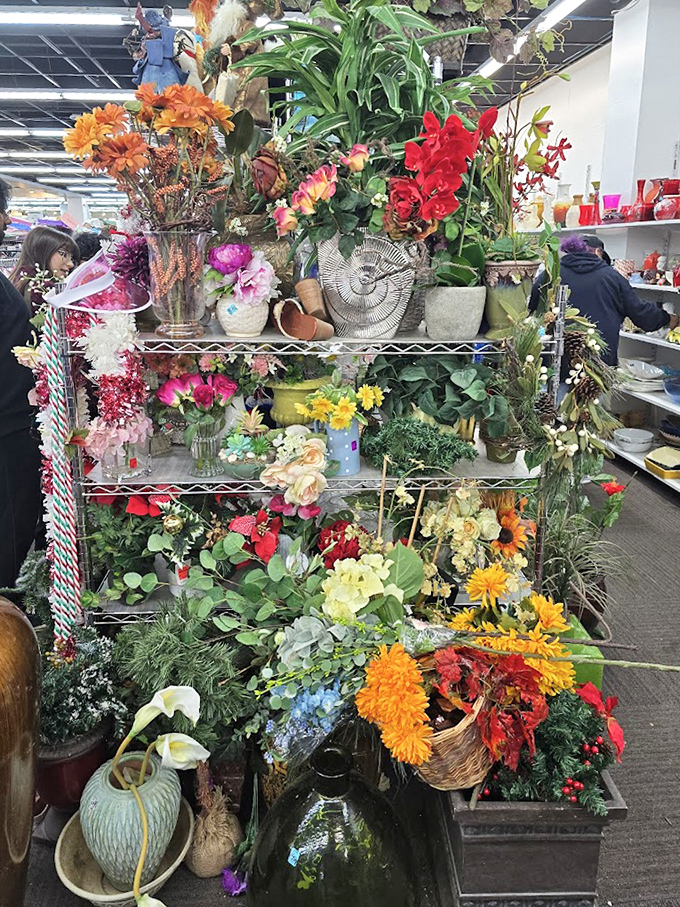 The artificial flower section blooms year-round! No watering required for these colorful arrangements that brighten homes regardless of season.