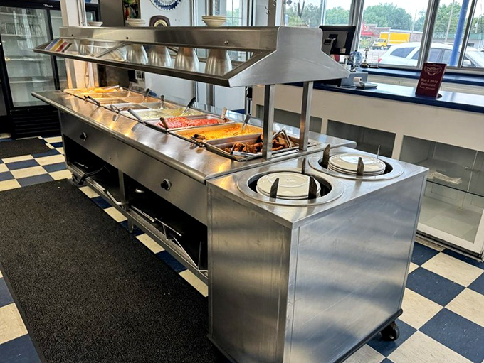 The steam table doesn't lie&mdash;this is where home-style cooking meets restaurant efficiency, keeping Southern classics hot and ready.