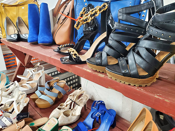 Footwear with previous lives, lined up like hopeful contestants waiting for their glass slipper moment.