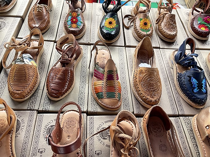 Handcrafted leather huaraches display intricate artistry. These aren't just shoes&mdash;they're wearable folk art with a comfortable footbed!