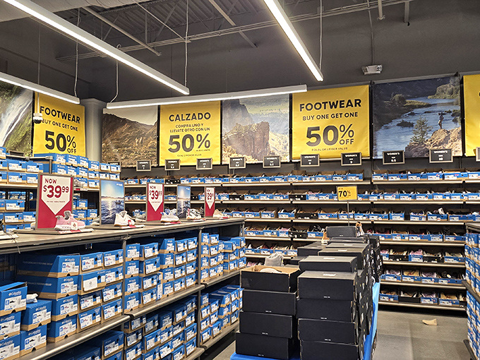The footwear section's "Buy One Get One 50% Off" signs are the retail equivalent of a siren's call to shoe enthusiasts.