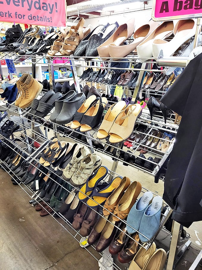 Shoe paradise organized by size and style. From practical flats to party-ready heels, your next favorite footwear awaits at thrift store prices.
