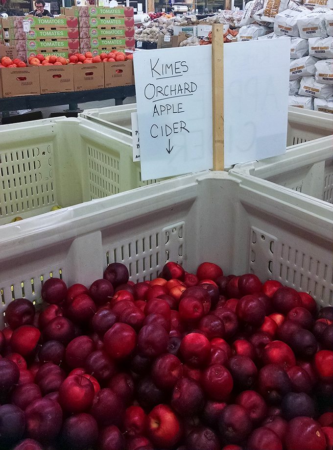 Apple abundance! Kimes Orchard brings the orchard to you with bins of ruby-red fruit just begging to become tomorrow's pie.