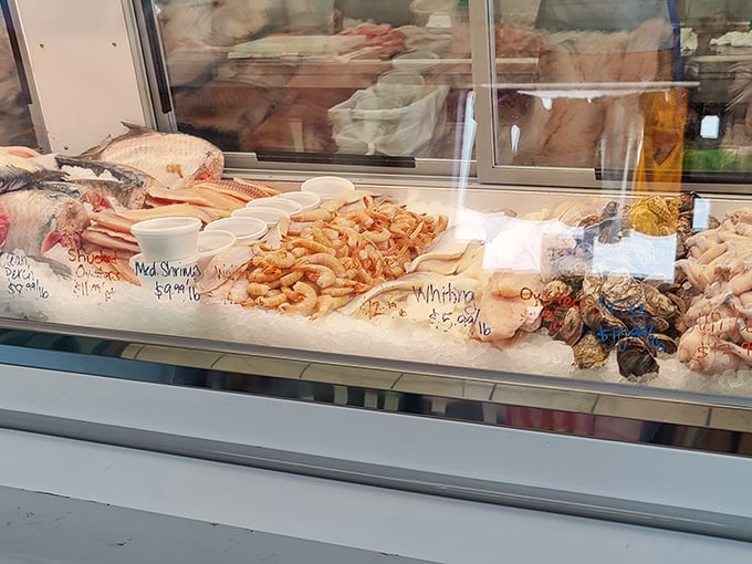 The display case &ndash; where the ocean meets the prairie. Fresh shrimp, fish, and seafood treasures await those wise enough to seek out this Kansas City gem.