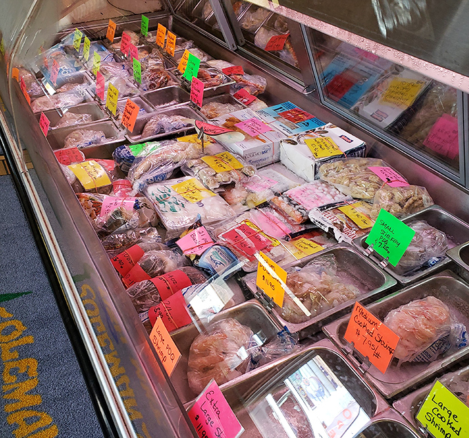 Fresh seafood on ice, labeled with handwritten tags - the seafood equivalent of a vinyl record store. Authentic, unpretentious, and absolutely worth the trip.