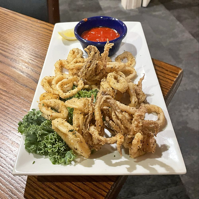 Fried calamari that defies the rubbery reputation of lesser versions – these golden rings are tender enough to cut with a fork but sturdy enough for dunking.