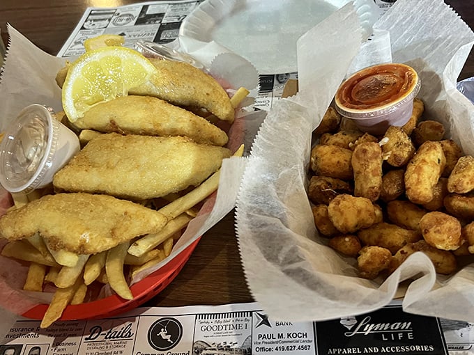 The fried perch basket with a side of cheese curds represents the Midwest's answer to coastal seafood towers &ndash; unpretentious yet utterly satisfying.
