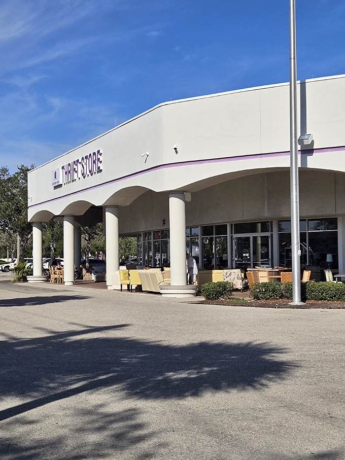 The store's exterior showcases furniture finds too good to keep inside, like an appetizer before the main course of bargains awaiting within.