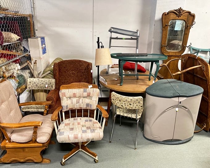 A mid-century chair gathering invites you to imagine conversations around dinner tables past, while antique mirrors reflect shoppers' excited expressions.