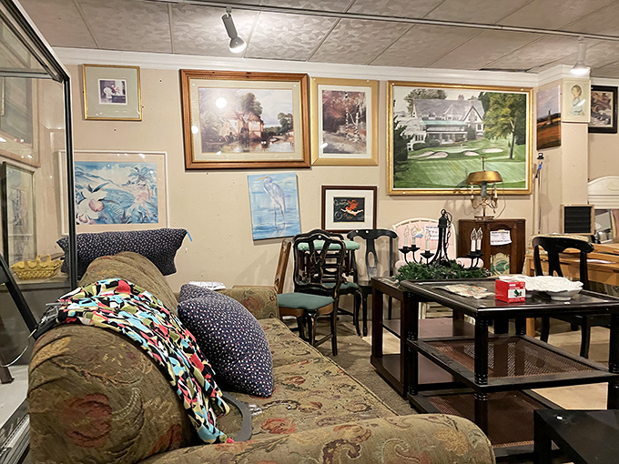 A furniture vignette where that worn sofa has probably heard more stories than most bartenders&mdash;and costs less than dinner for two.