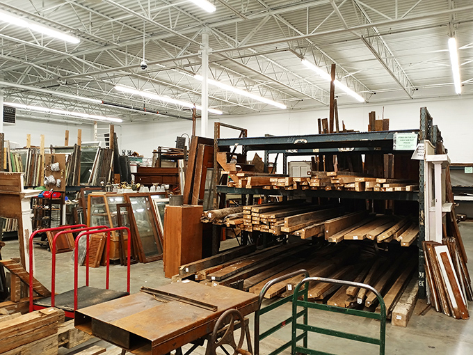 Raw lumber and furniture parts await transformation &ndash; DIY paradise for those who remember shop class fondly.