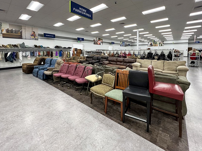 Furniture island&mdash;a mismatched archipelago of seating possibilities where that red chair might just be the accent piece your living room needs.