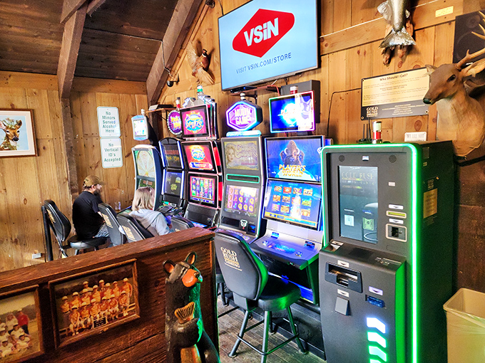 Even the gaming area maintains the woodland theme—win big while surrounded by enough taxidermy to fill a small natural history museum.