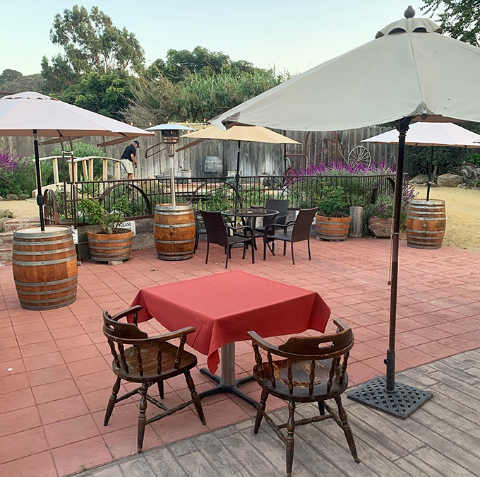 The outdoor patio offers al fresco dining California-style&mdash;where wine barrels and garden views create the perfect backdrop for carnivorous indulgence.