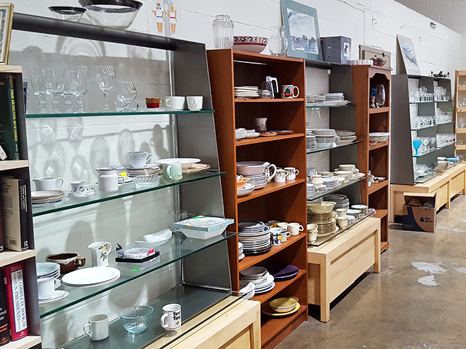 Dishes and glassware arranged like a fancy department store, minus the fancy department store prices that make you dizzy.
