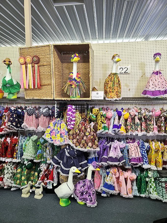 The goose clothing display might be the most delightfully bizarre corner of the market, proving that even waterfowl deserve fashion options.