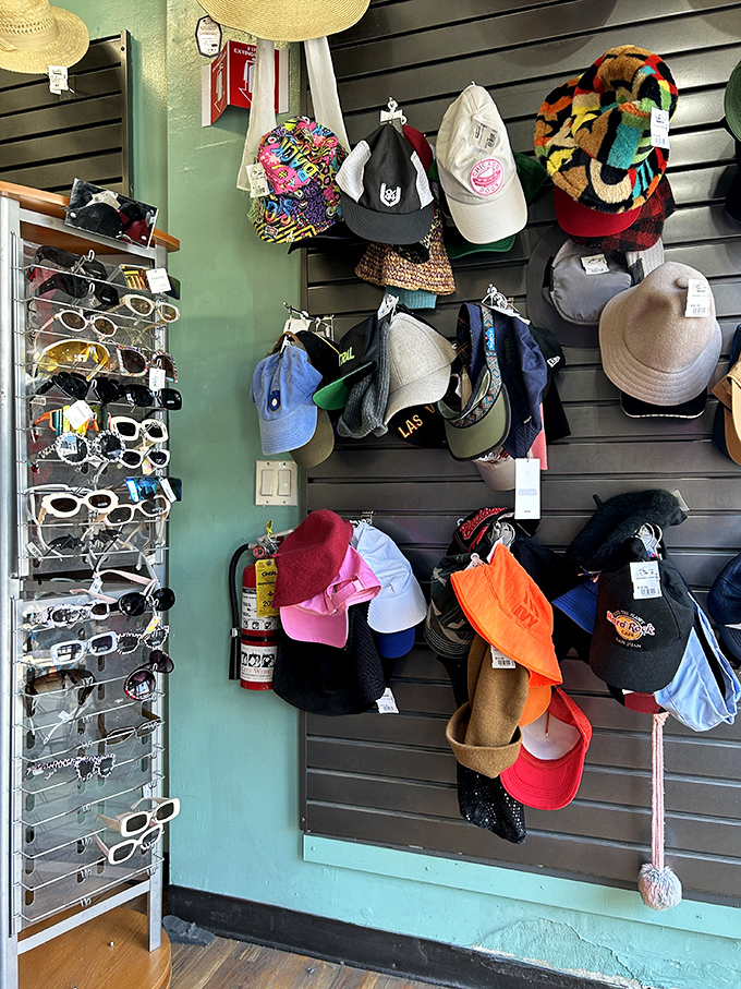 The accessories wall&mdash;where vintage sunglasses and statement hats wait to complete your look or launch your next costume party triumph.