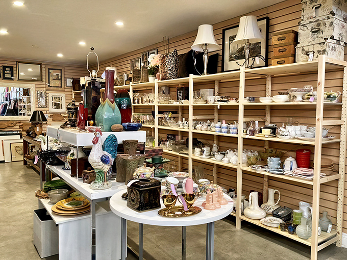 Shelves lined with ceramics, glassware, and decorative pieces await new homes&mdash;each item a conversation starter at your next dinner party.