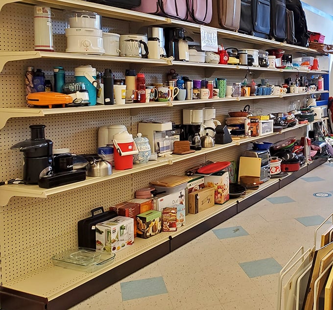 Small appliances and kitchen gadgets line the shelves like a museum of domestic evolution&mdash;from percolators to pod machines.